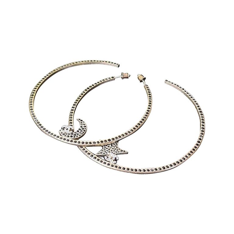 Chanel Crystal Moon Star CC Massive Hoop Earrings at 1stDibs