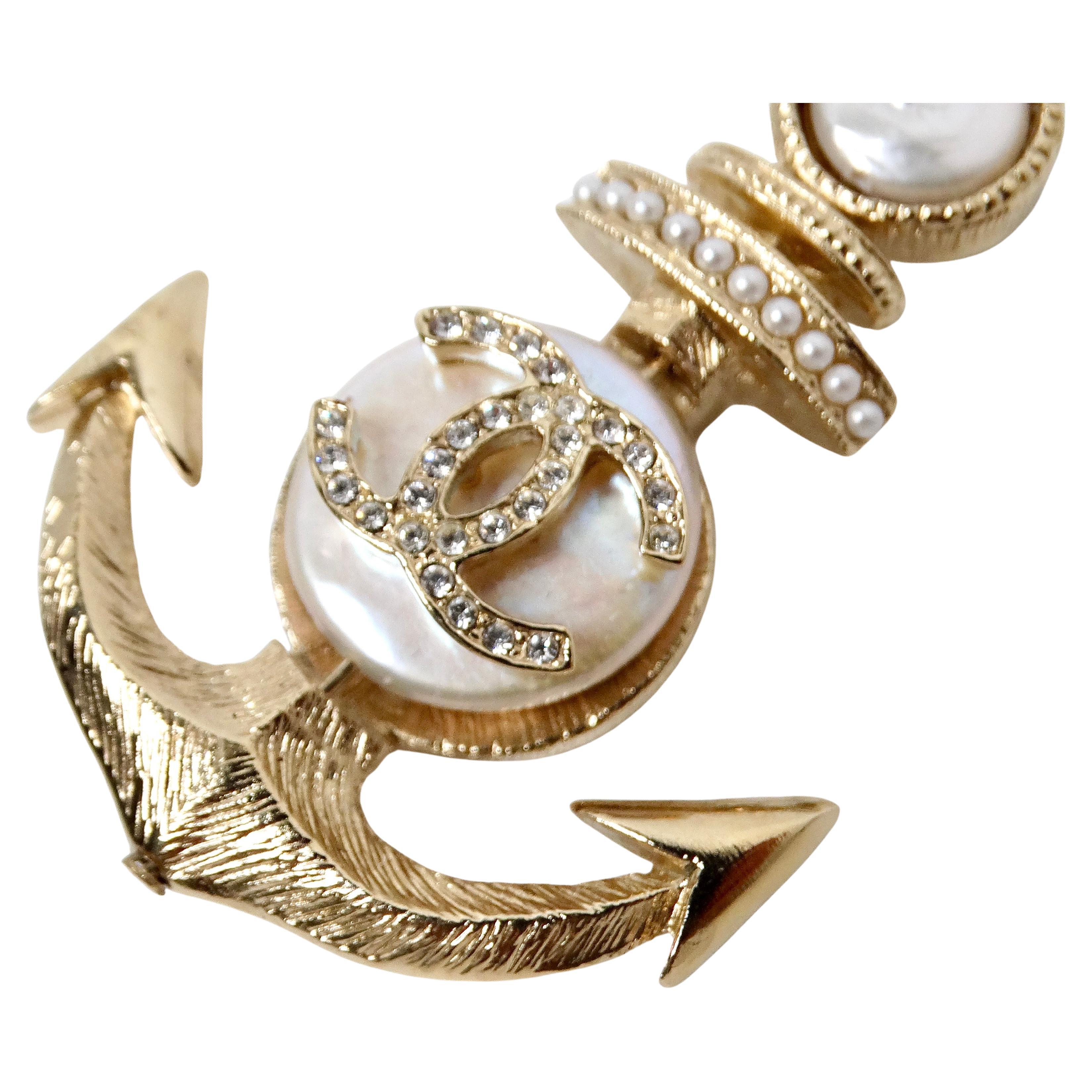Chanel Crystal and Pearl Gold-Tone Anchor Brooch 2018 For Sale at 1stDibs