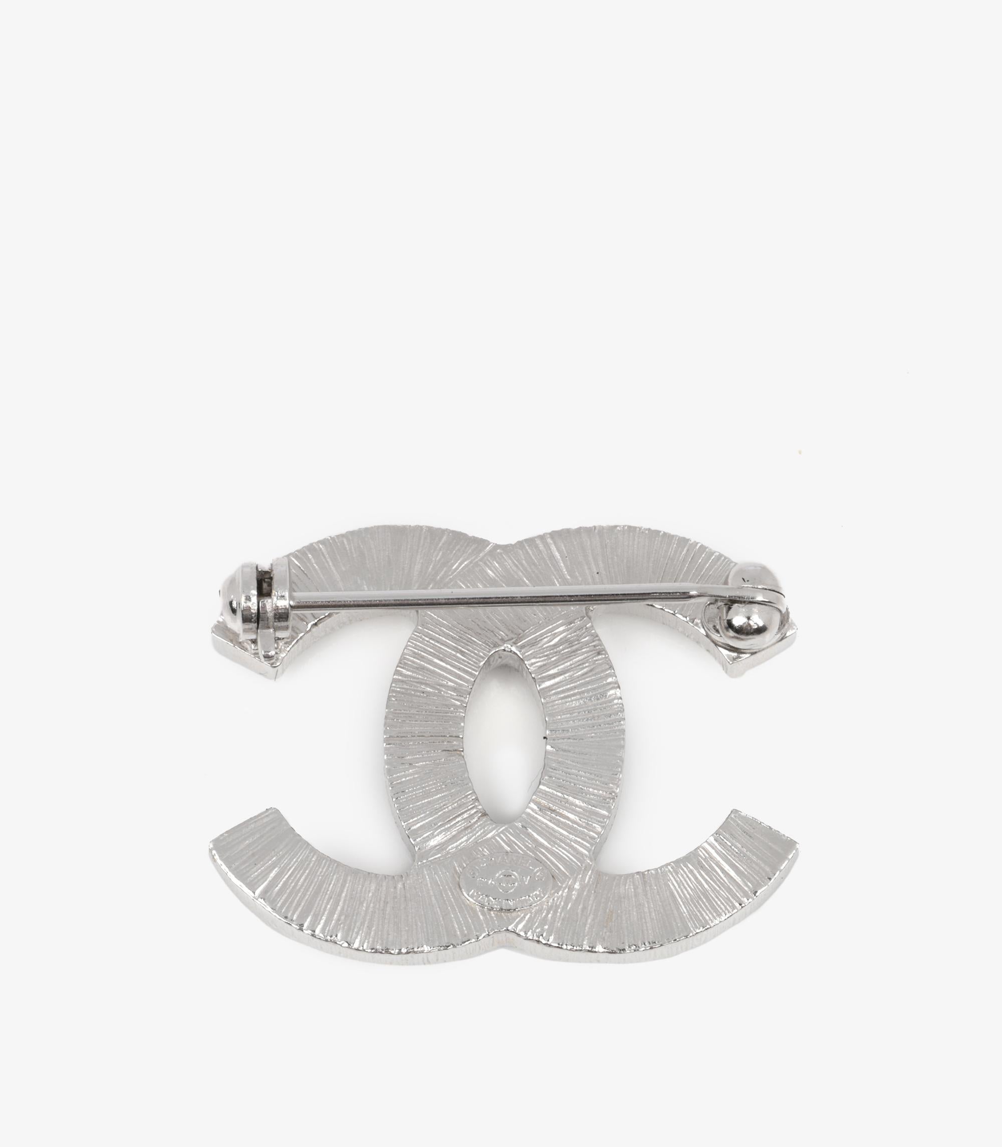 Chanel Crystal Shiny Silver Tone CC Logo Brooch For Sale at 1stDibs