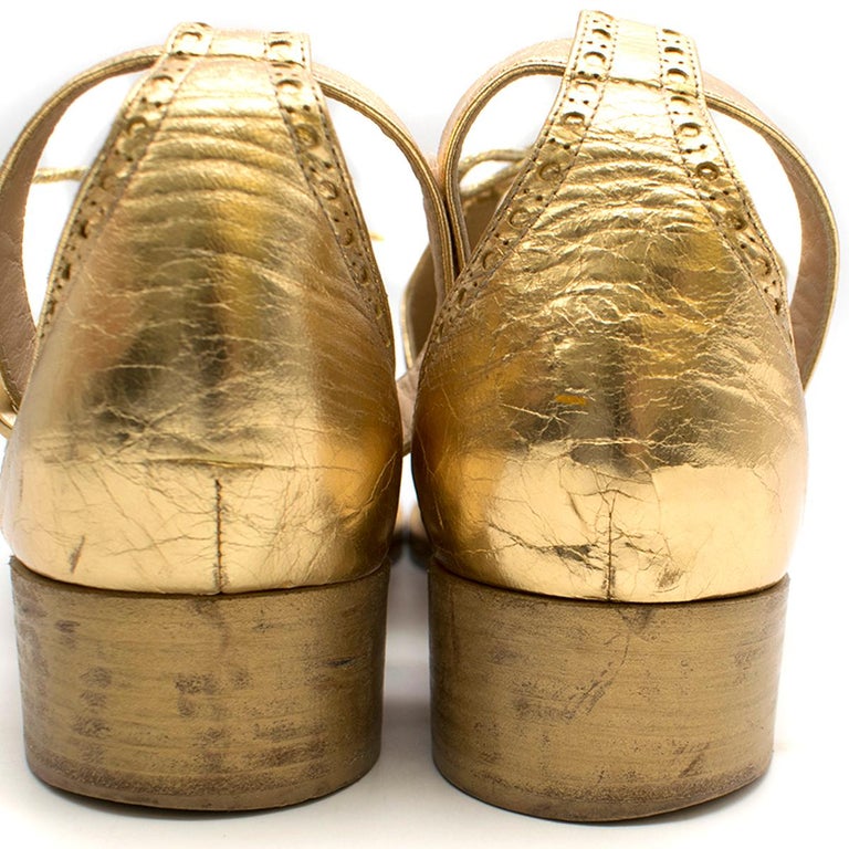 Chanel cut-out gold leather brogue sandals Size 39 at 1stDibs