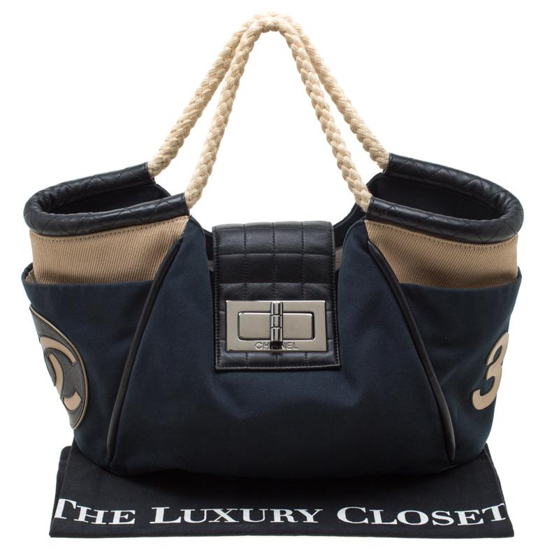 Chanel Dark Blue/Black Cruise Rope Canvas and Leather Cabas Tote For ...