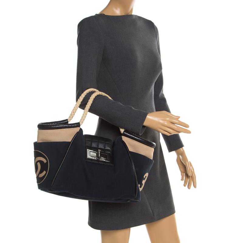 Chanel Dark Blue/Black Cruise Rope Canvas and Leather Cabas Tote For ...