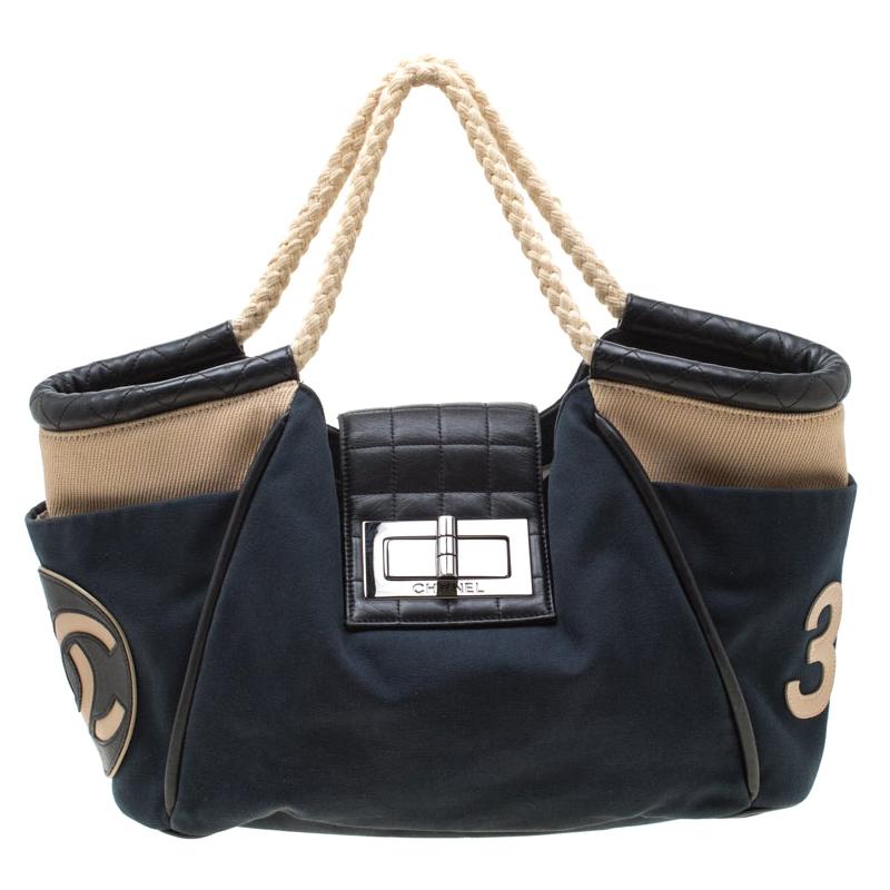 Chanel Dark Blue/Black Cruise Rope Canvas and Leather Cabas Tote For ...