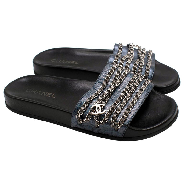 Chanel Dark Blue Glitter Chain Detail Slides - Us size 12 For Sale at ...