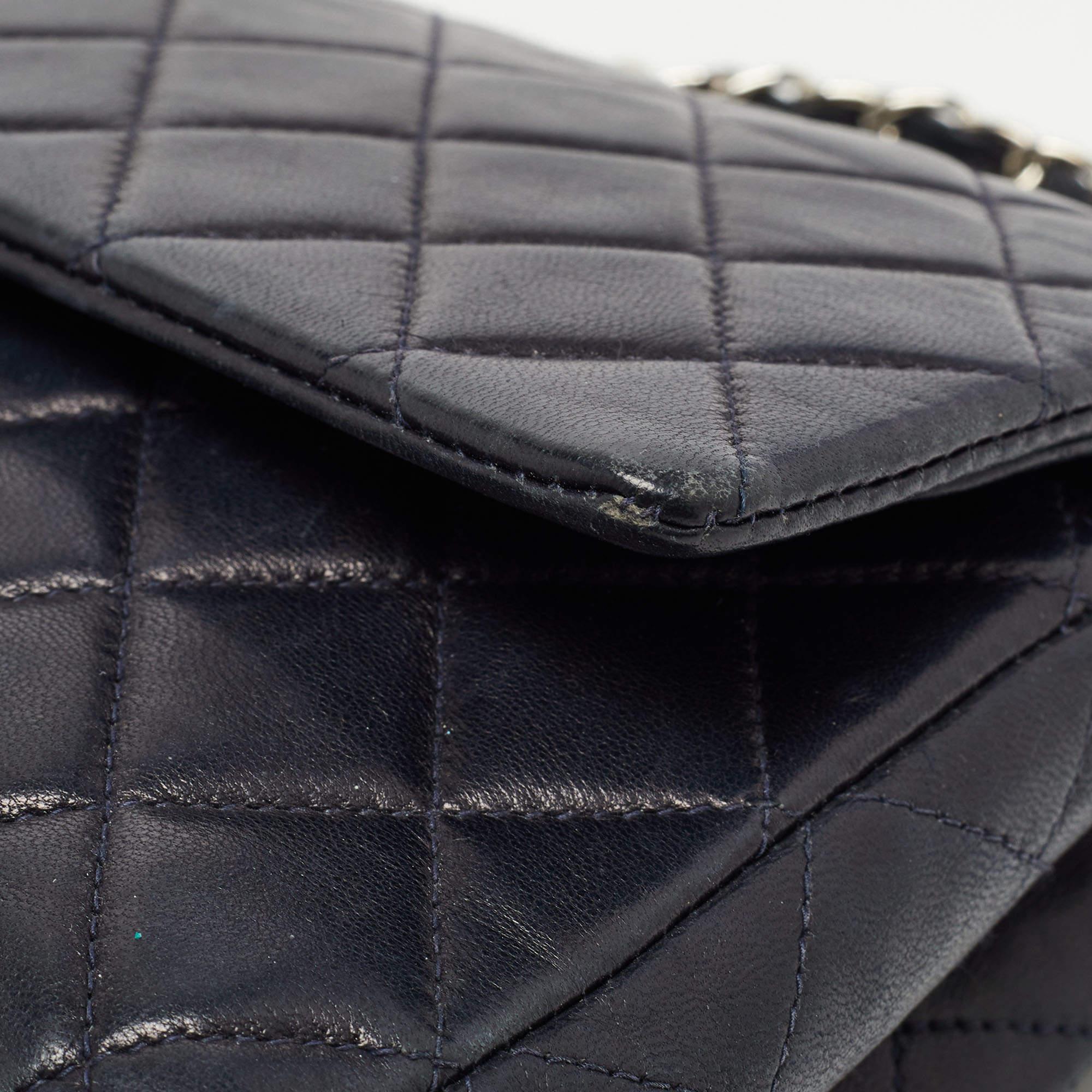 Chanel Dark Blue Leather Medium Classic Double Flap Bag For Sale at 1stDibs