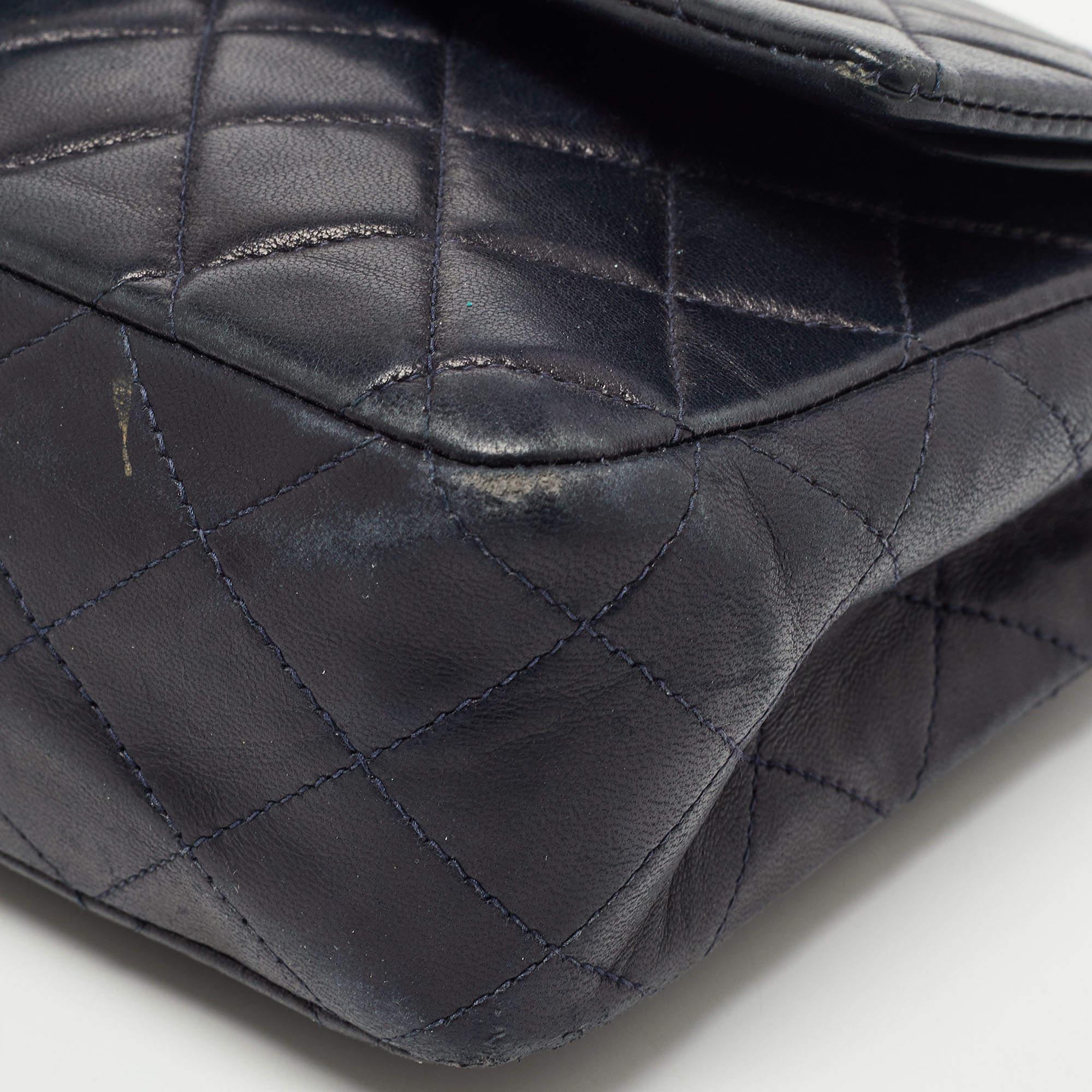 Chanel Dark Blue Leather Medium Classic Double Flap Bag For Sale at 1stDibs