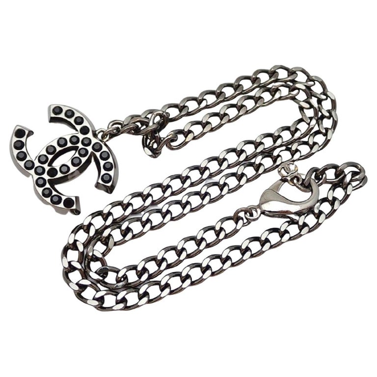 Chanel Dark Silver-tone Metal CC Coco Mark Rhinestone Necklace at 1stDibs