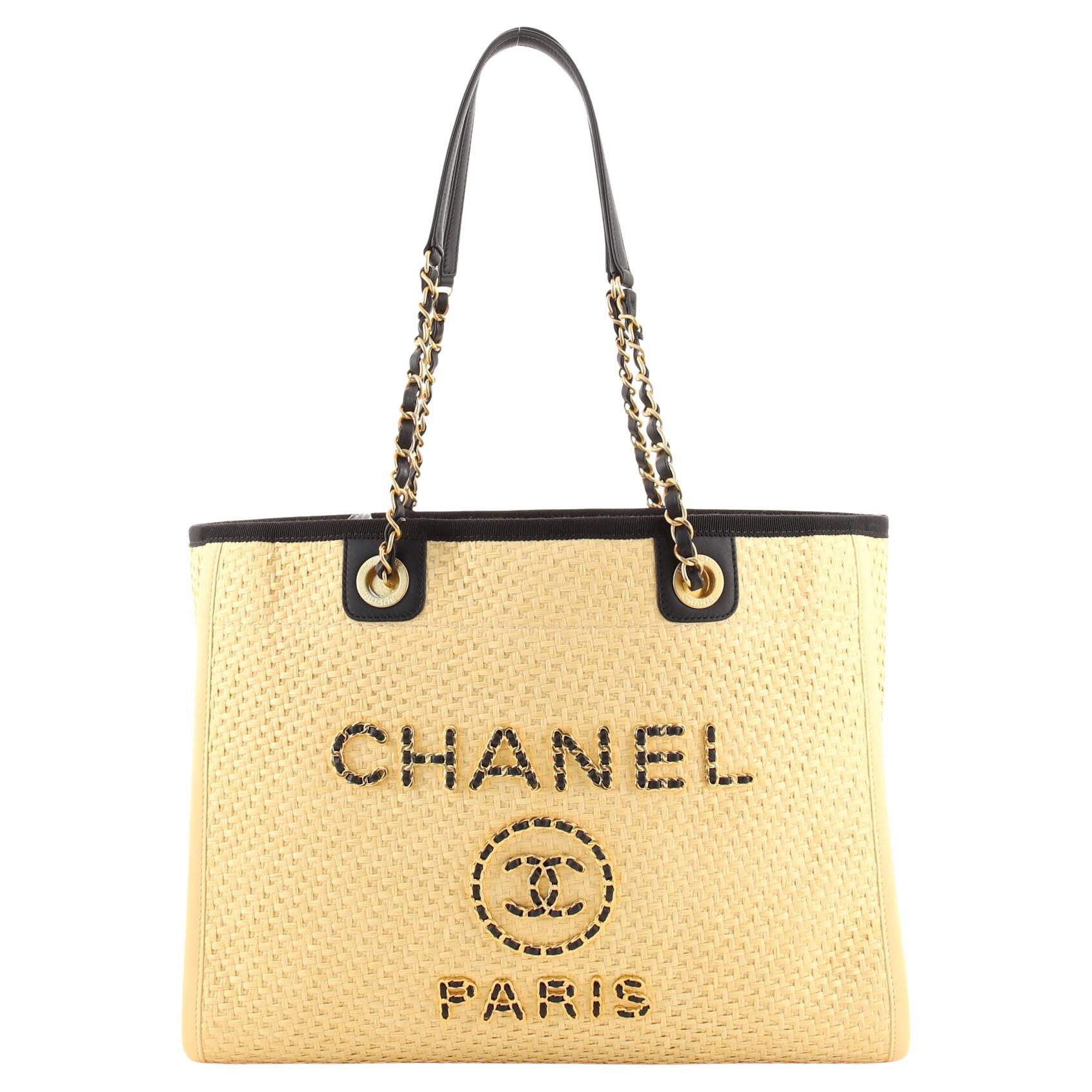 Chanel Deauville Tote Straw with Chain Detail Small For Sale at 1stDibs