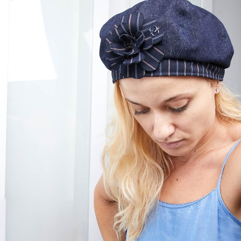 CHANEL Denim and Striped Camellia Beret Size 57 FR For Sale at 1stDibs