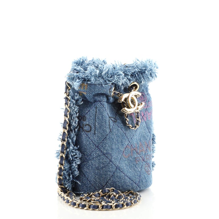 Chanel Denim Mood Chain Bucket Bag Logo Printed Quilted Fringe Denim ...