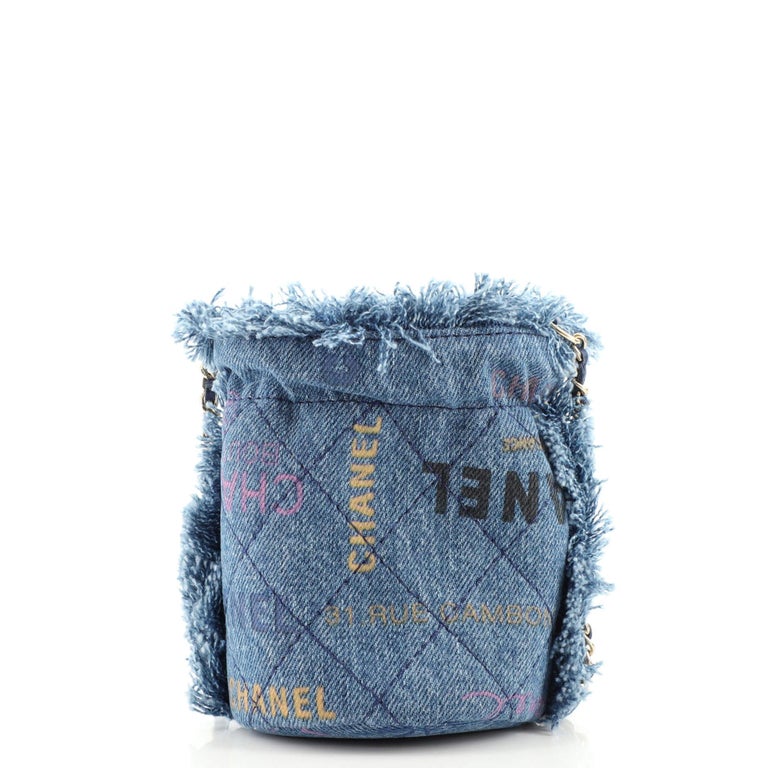 Chanel Denim Mood Chain Bucket Bag Logo Printed Quilted Fringe Denim ...