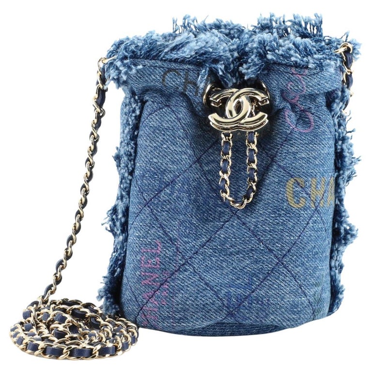 Chanel Denim Mood Chain Bucket Bag Logo Printed Quilted Fringe Denim ...