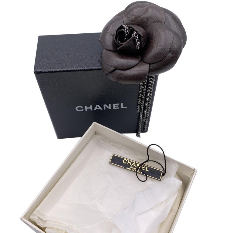 Chanel Distressed Brown Leather Camelia Flower Brooch with Chains For ...