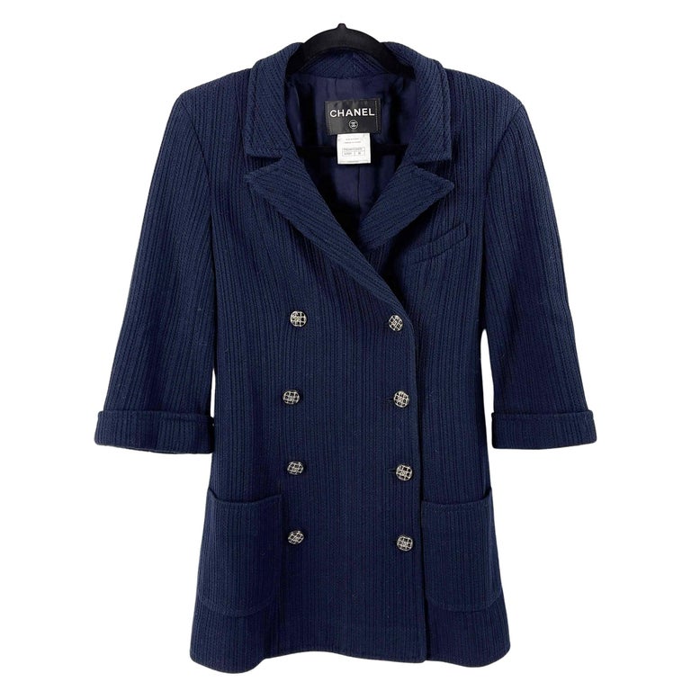 CHANEL Double Breasted Sweater Blazer Navy Blue / Silver FR 38 / US 6 ...