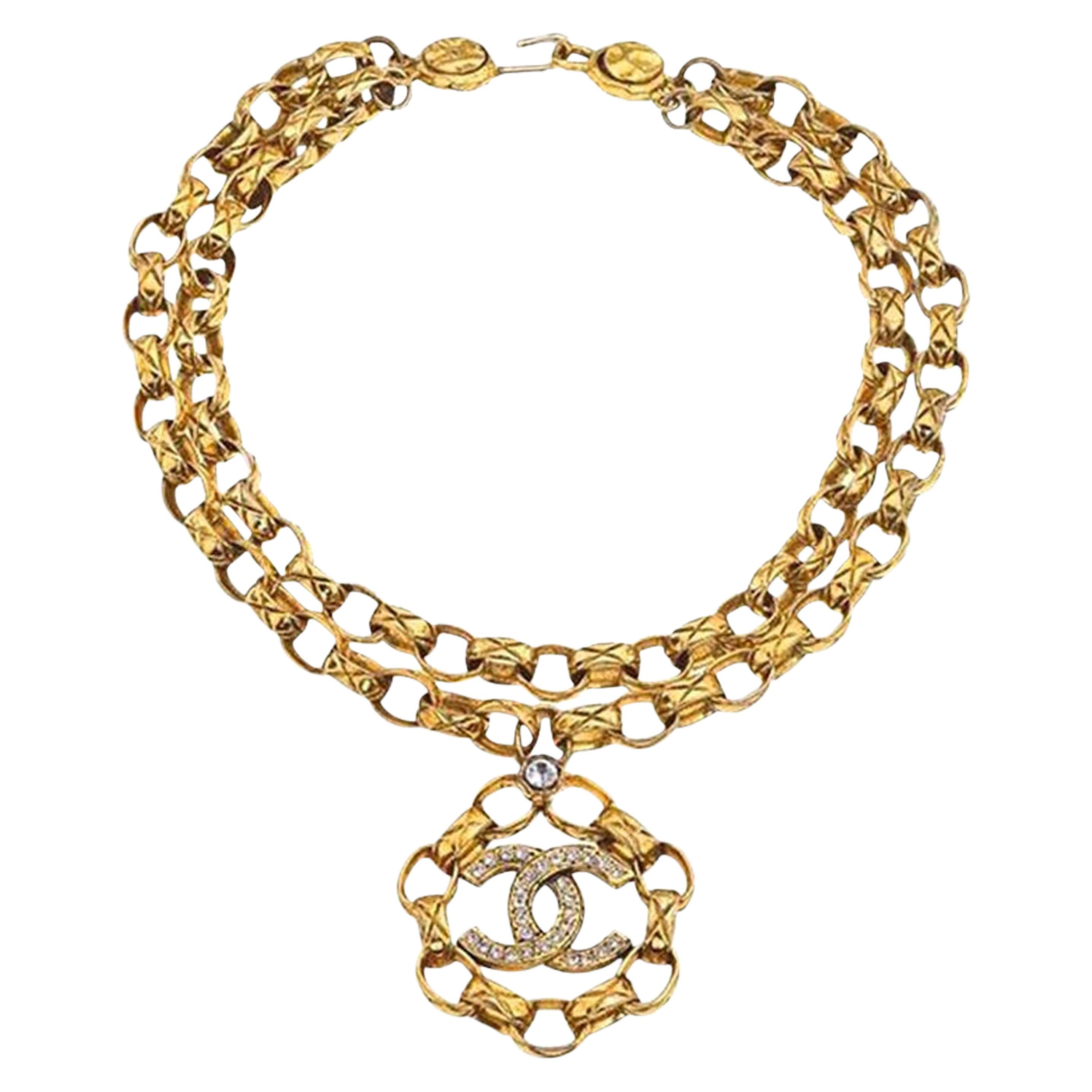 Chanel Double Chain Necklace With Rhinestones For Sale at 1stDibs