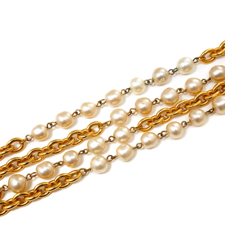 Chanel Double Gold Chain Pearl Station Necklace For Sale at 1stDibs