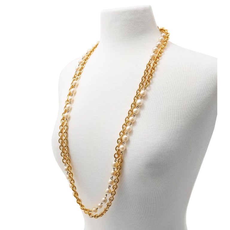 Chanel Double Gold Chain Pearl Station Necklace For Sale at 1stDibs