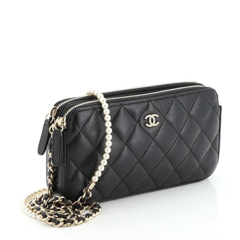 Chanel Double Zip Clutch with Pearl Chain Quilted Lambskin at 1stDibs