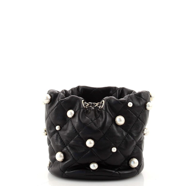 Chanel Drawstring Round Bucket Bag Pearl Embellished Quilted Lambskin ...