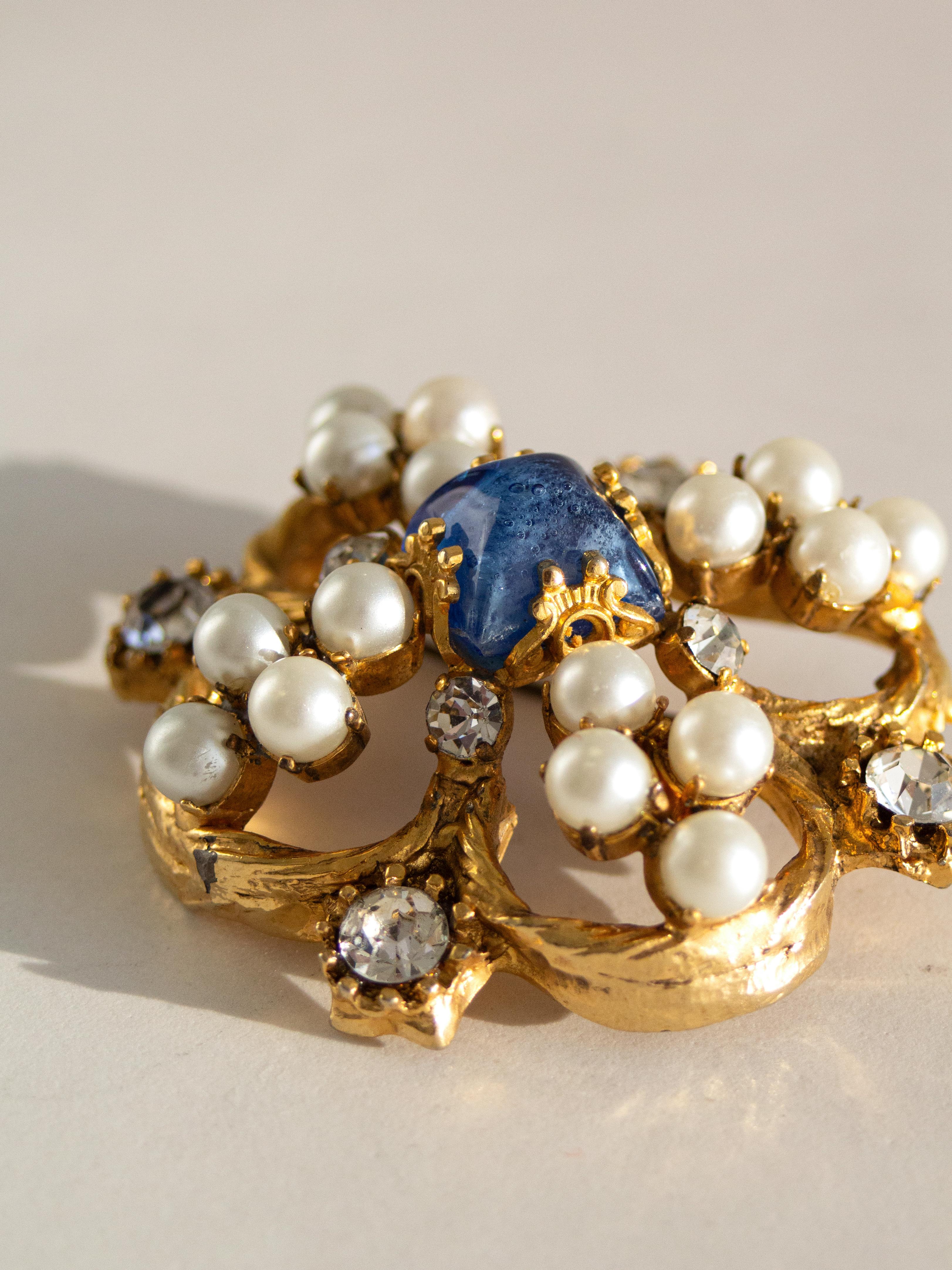 Chanel Early Signed 1950s Goossens Pearl Blue Pate De Verre Quatrefoil ...