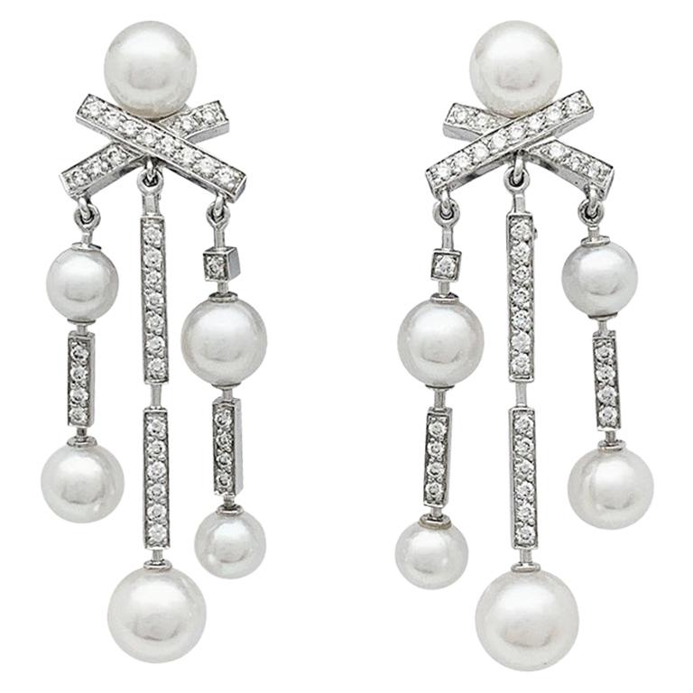 Chanel Earrings "Matelassé" Collection, White Gold, Pearls and Diamonds ...