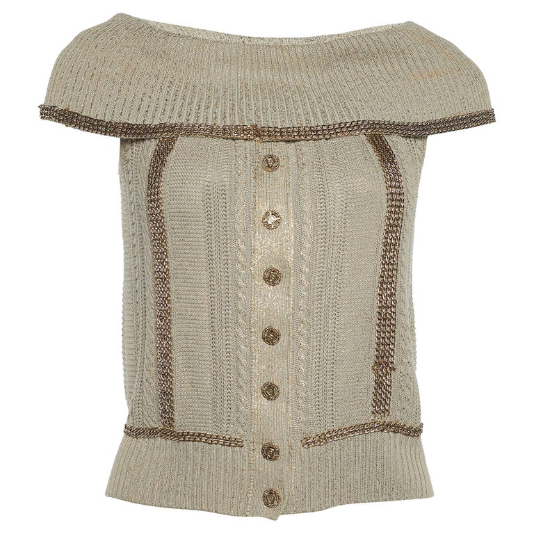 Chanel Ecru Metallic Print Knit Chain Detail Off-Shoulder Top S For ...