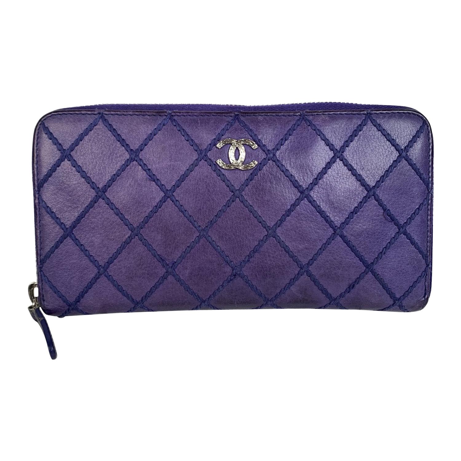 Chanel Electric Blue Quilted Leather Double Stitch Zip Around Wallet at ...