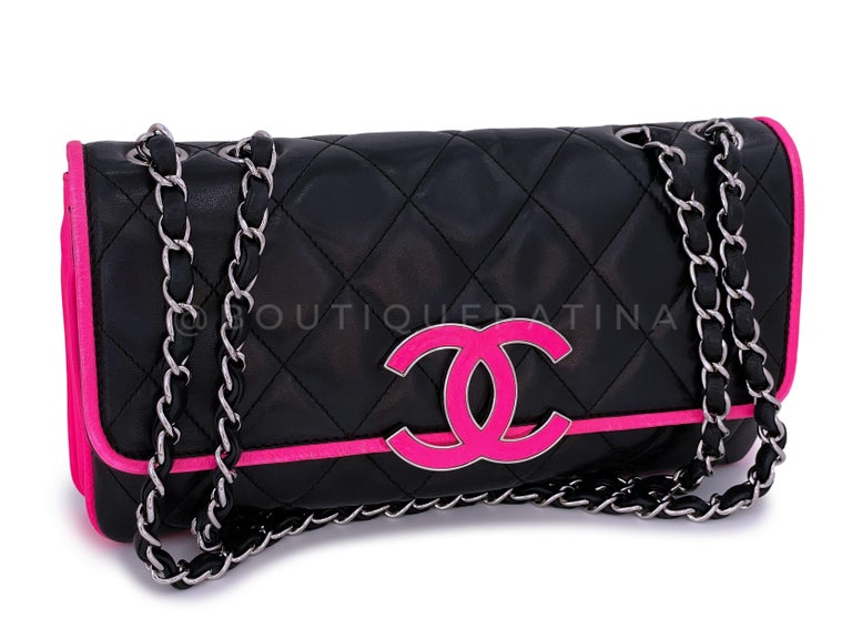 Chanel Electric Neon Pink and Black Large CC Logo Quilted Flap Bag ...