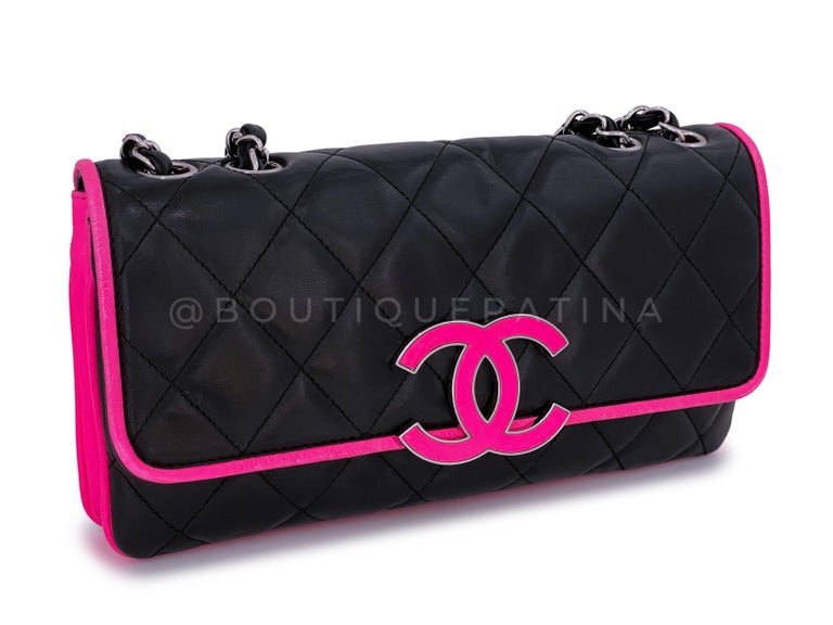 Chanel Electric Neon Pink and Black Large CC Logo Quilted Flap Bag ...