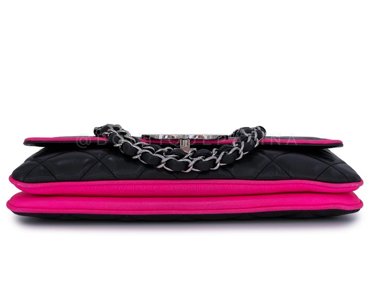 Chanel Electric Neon Pink and Black Large CC Logo Quilted Flap Bag ...