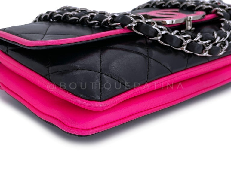 Chanel Electric Neon Pink and Black Large CC Logo Quilted Flap Bag ...