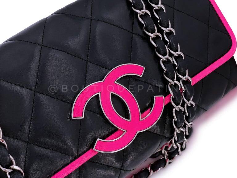 Chanel Electric Neon Pink and Black Large CC Logo Quilted Flap Bag ...