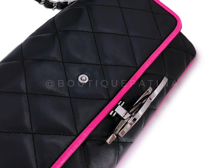 Chanel Electric Neon Pink and Black Large CC Logo Quilted Flap Bag ...