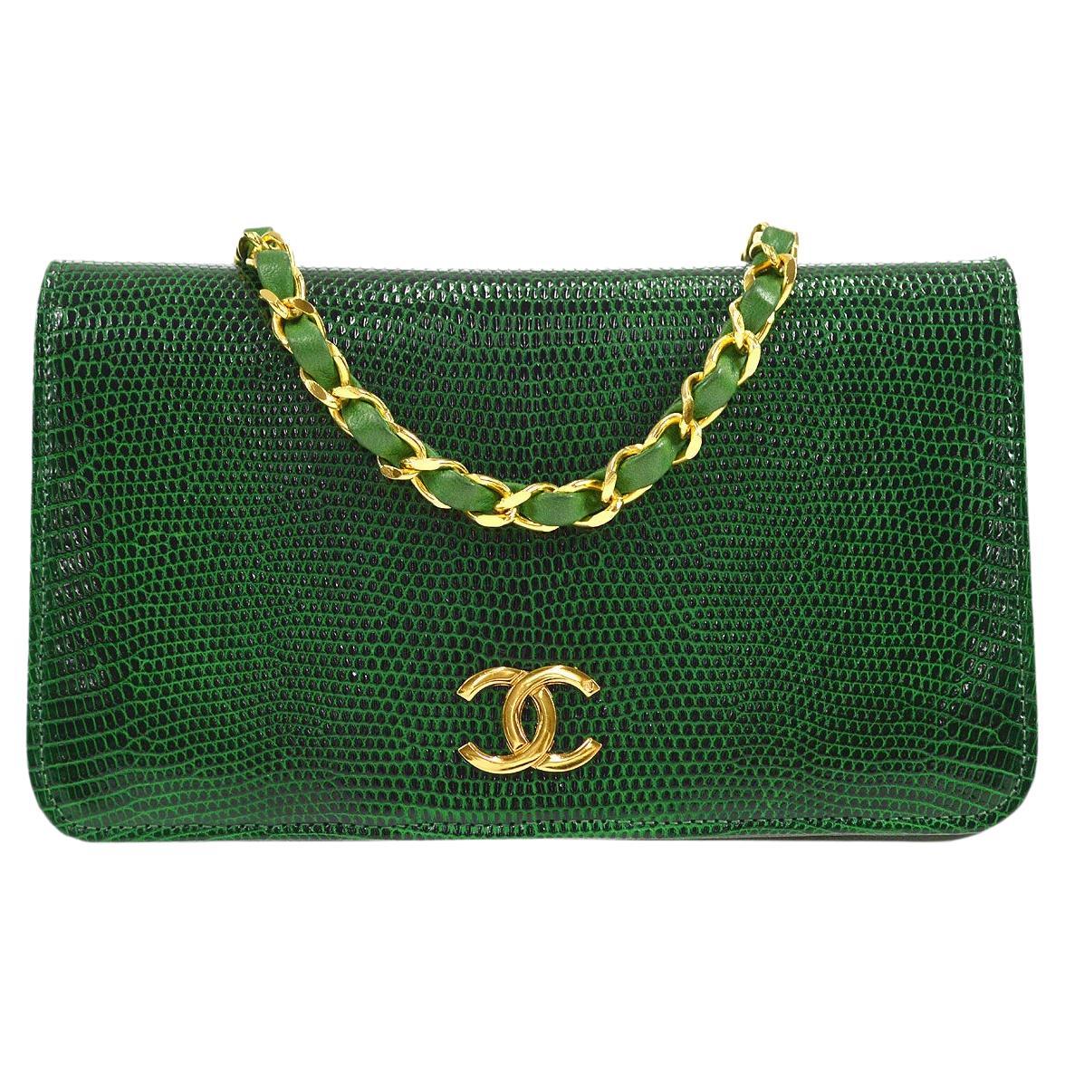 CHANEL Emerald Green Lizard Exotic Gold Small Mini Full Shoulder Flap ...