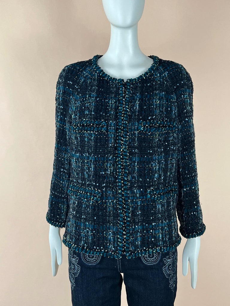 Chanel Emerald Ribbon Tweed Jacket For Sale at 1stDibs