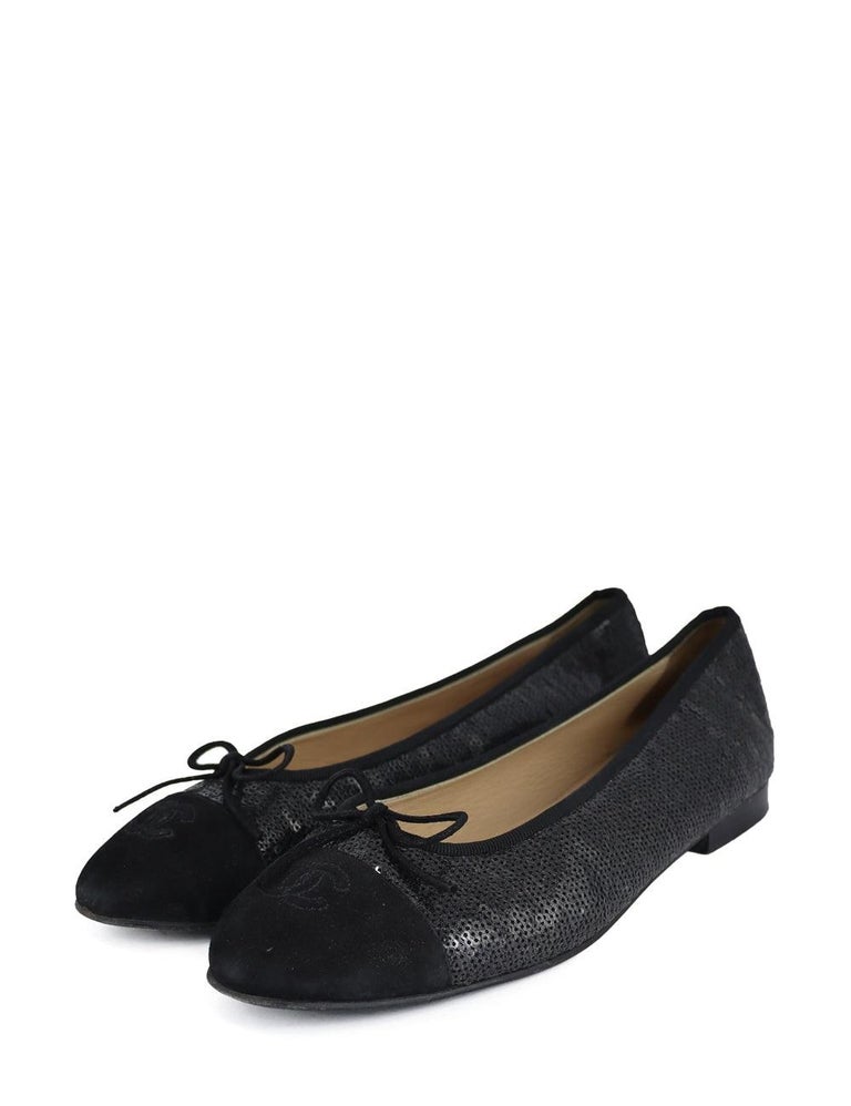 Chanel EU 40.5 Black Sequin Cap Toe Flats at 1stDibs