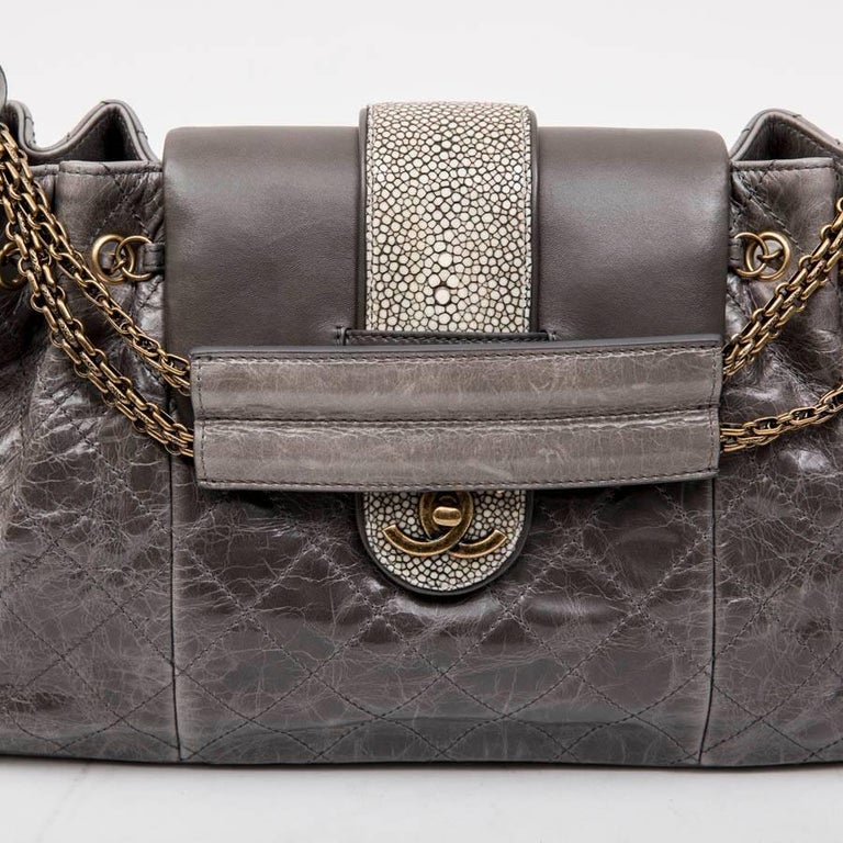 Chanel Gray Varnished Quilted Aged Leather and Galuchat Flap Bag For ...