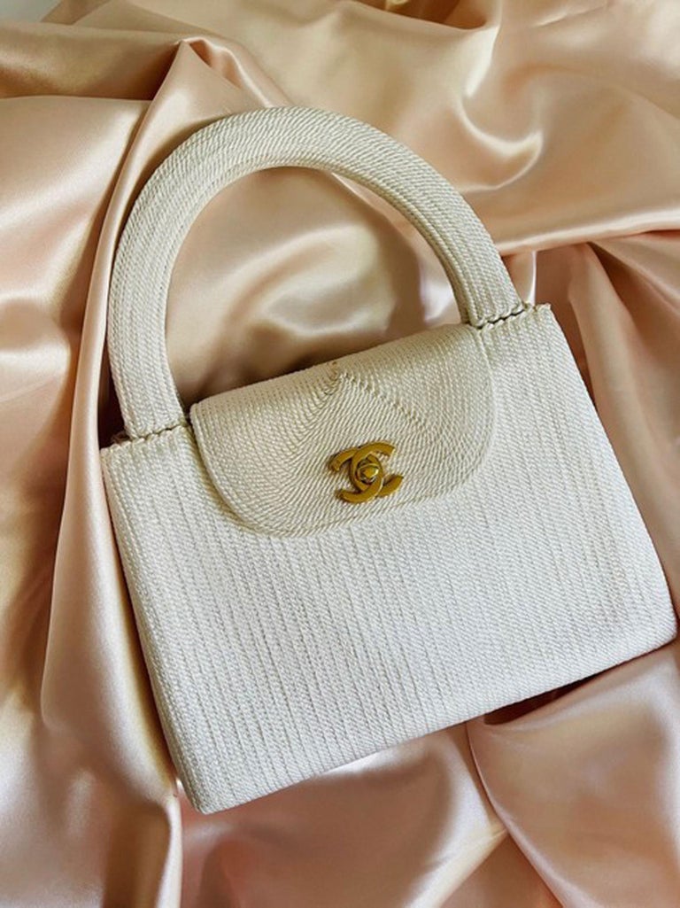 Chanel Flap Bag with Woven Silk Vintage Top Handle Off White Beige ...