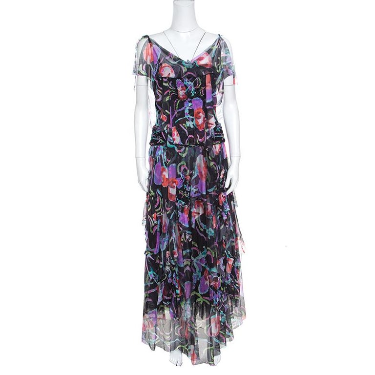 Chanel Floral Watercolor Printed Silk Knit Tiered Handkerchief Maxi ...