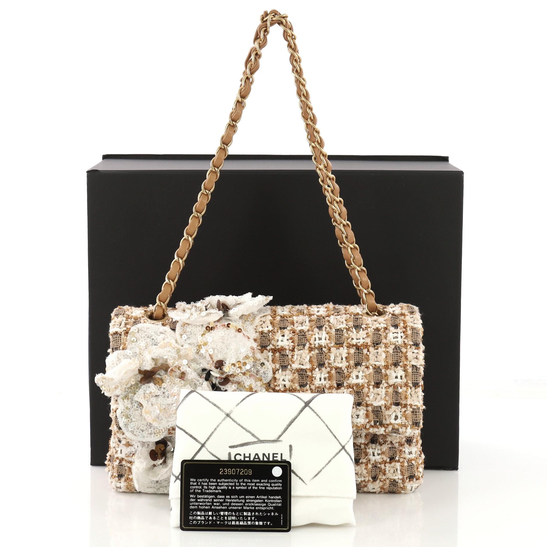 Chanel Flower Applique Classic Double Flap Bag Quilted Tweed Medium at ...