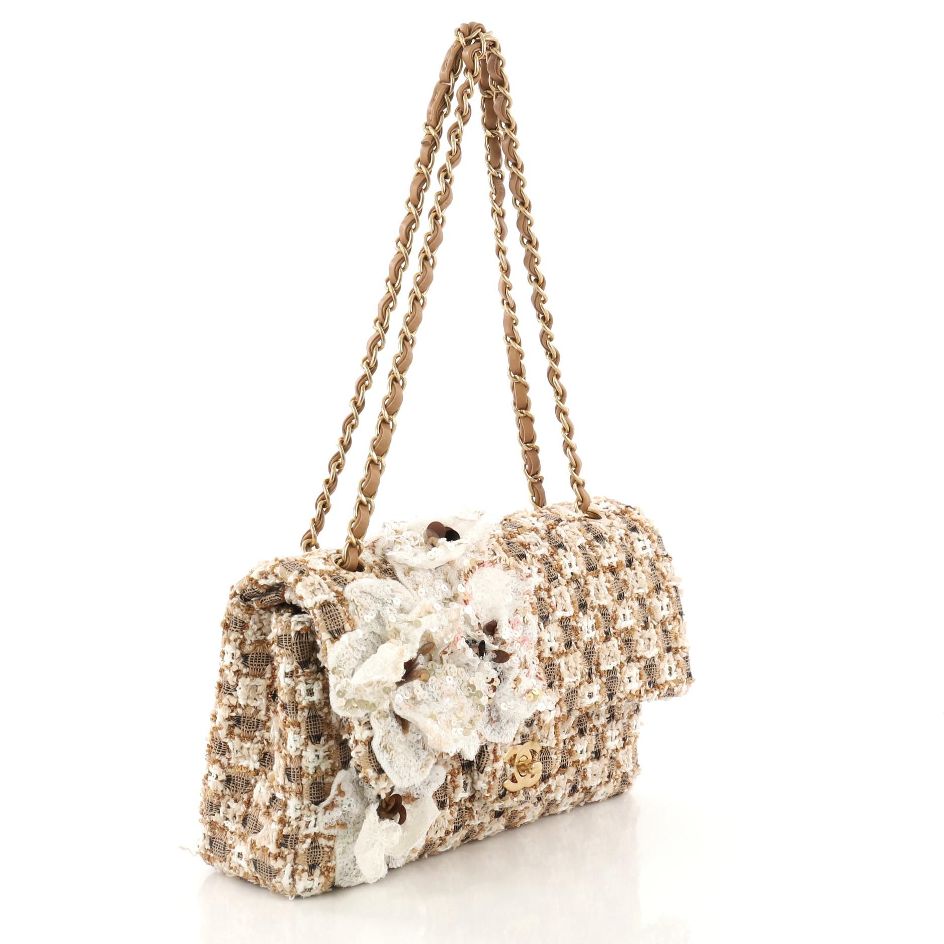 Chanel Flower Applique Classic Double Flap Bag Quilted Tweed Medium at ...