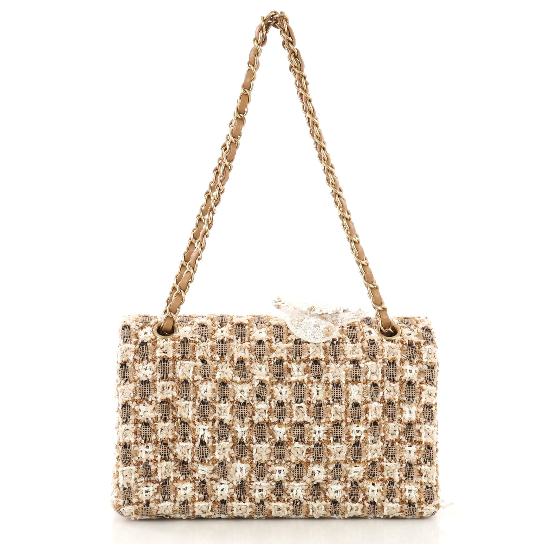 Chanel Flower Applique Classic Double Flap Bag Quilted Tweed Medium at ...