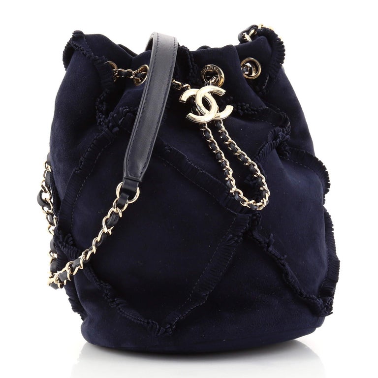 Chanel Fringed CC Drawstring Bucket Bag Quilted Suede Small For Sale at ...