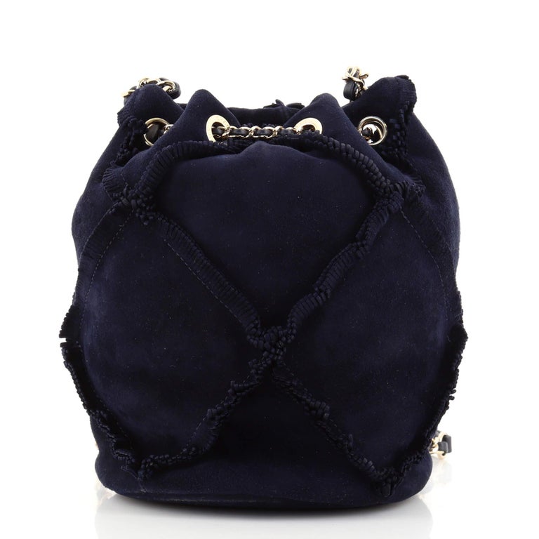 Chanel Fringed CC Drawstring Bucket Bag Quilted Suede Small For Sale at ...