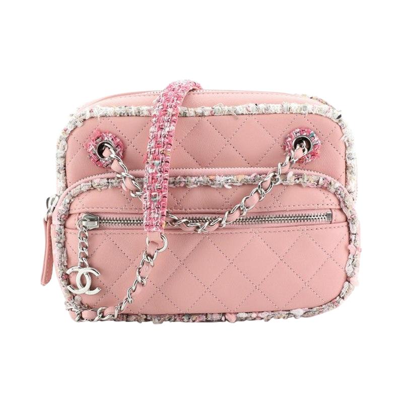Chanel Front Zip Camera Bag Quilted Lambskin with Tweed Small at 1stDibs