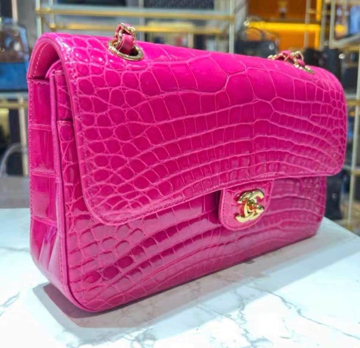 Chanel Hot Pink Shiny Alligator Jumbo Double Flap Bag with Gold ...