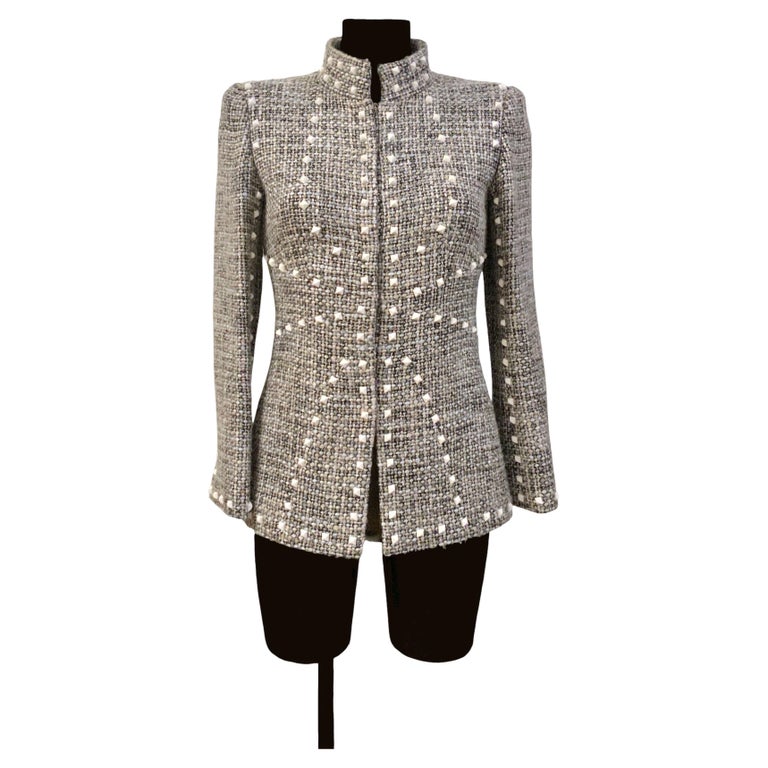 Chanel FW2003 Grey Tweed White Studs Jacket For Sale at 1stDibs