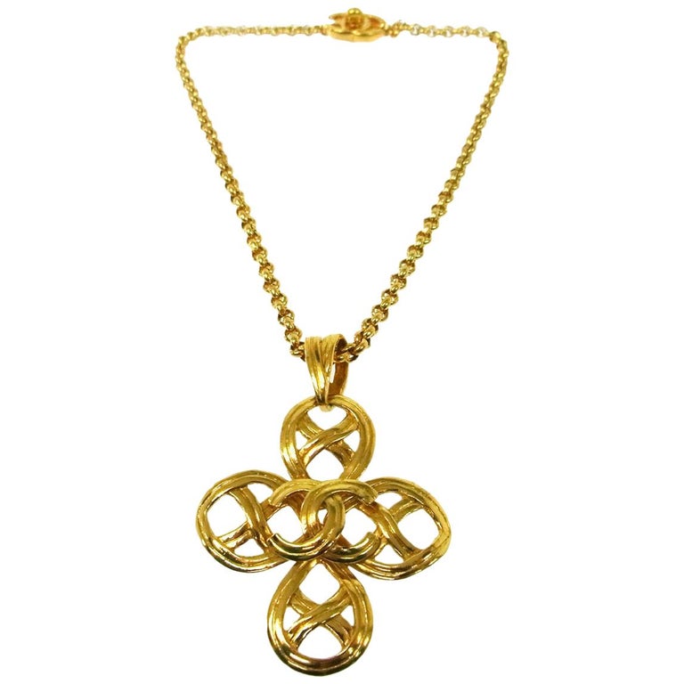 Chanel Gold Basket Weave Cross Charm CC Evening Drop Link Pendant Chain ...