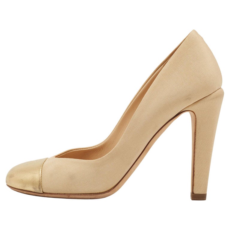 Chanel Gold/Beige Canvas and Leather CC Cap Toe Pumps Size 36 For Sale ...