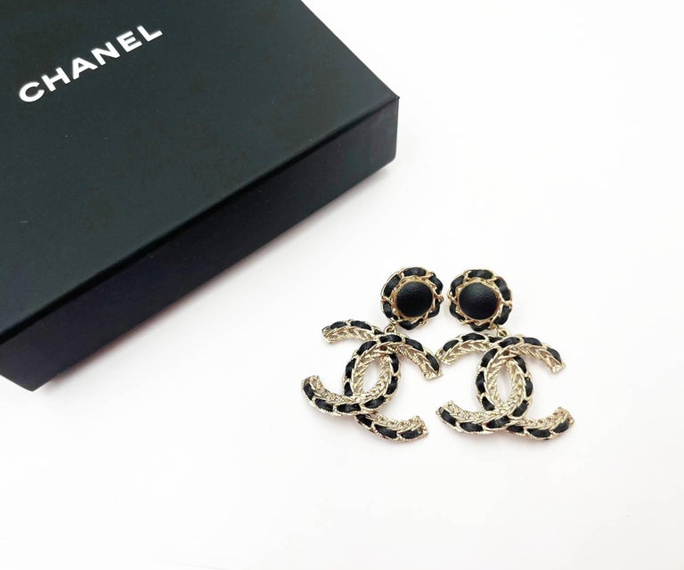 Chanel Gold Black Leather CC Dangle Reissued Piercing Earrings For Sale ...